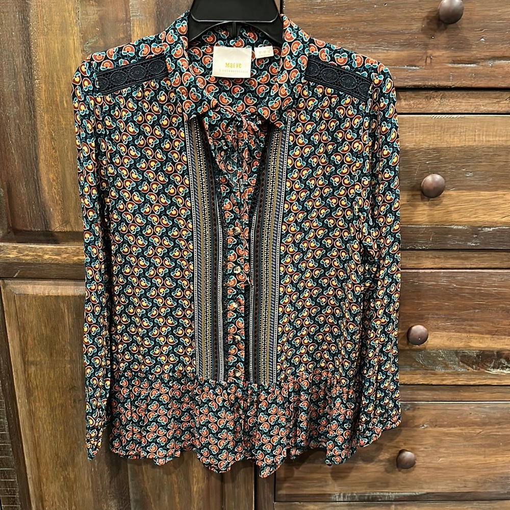 Anthropologie Maeve Button Down Floral Print Blouse - Gem